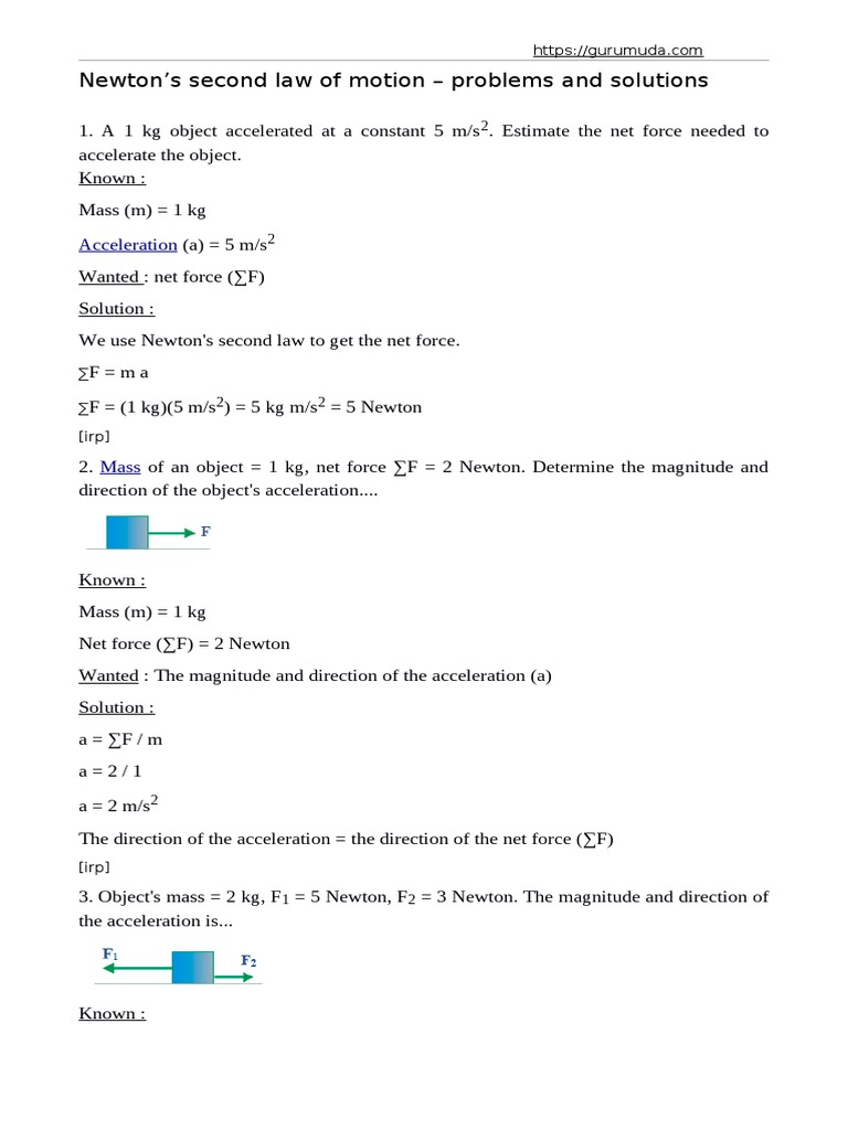 Newton's Second Law of Motion - Problems and Solutions | PDF