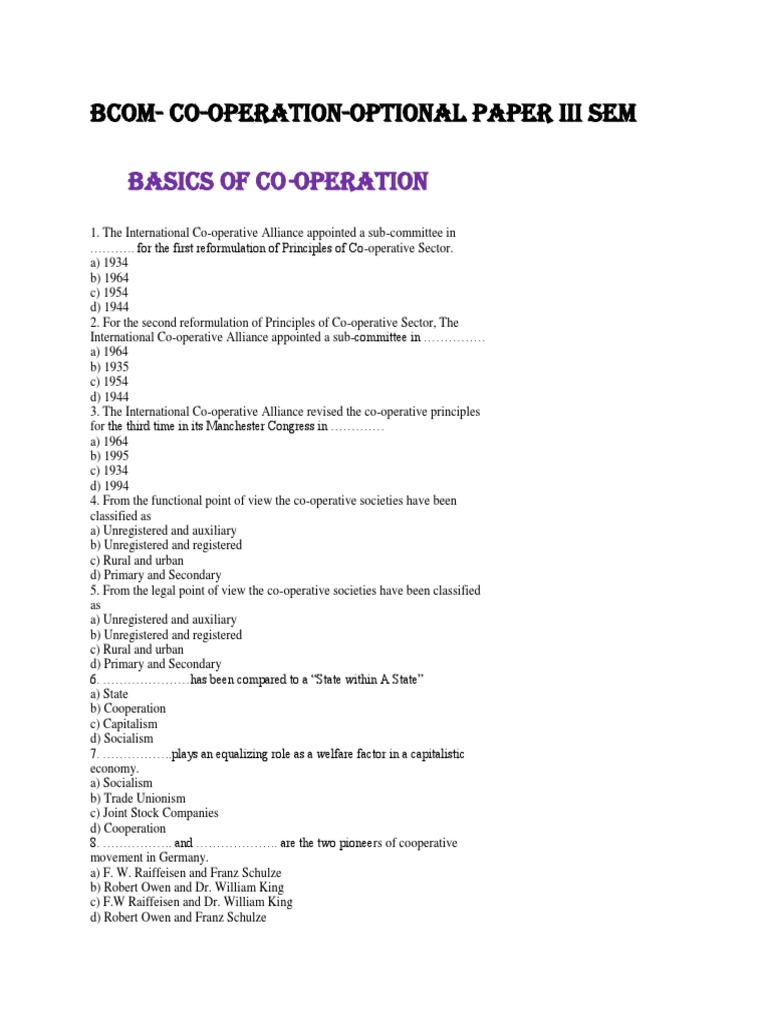 Mcq-Bcom Co Operation-Basics of Co Operation | PDF | Cooperative | Denmark