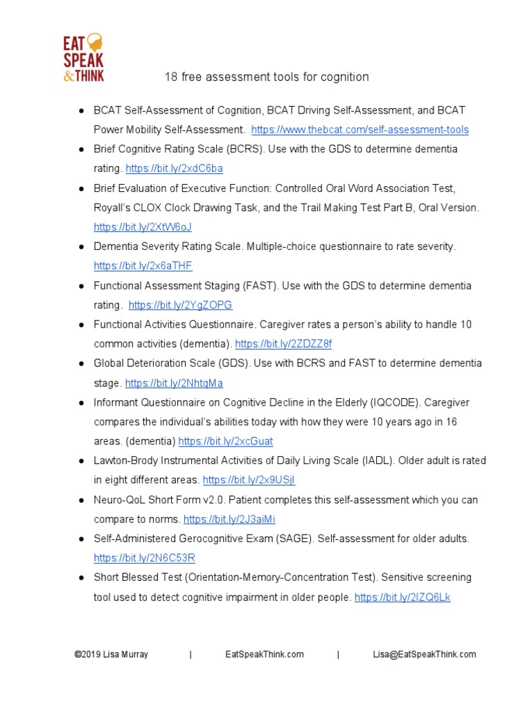18 Assessment Tools For Cognition | PDF | Dementia | Cognition
