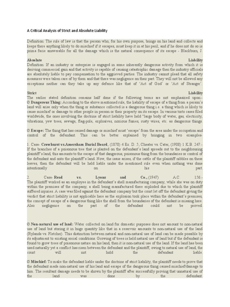 A Critical Analysis of Strict and Absolute Liability | PDF | Damages ...