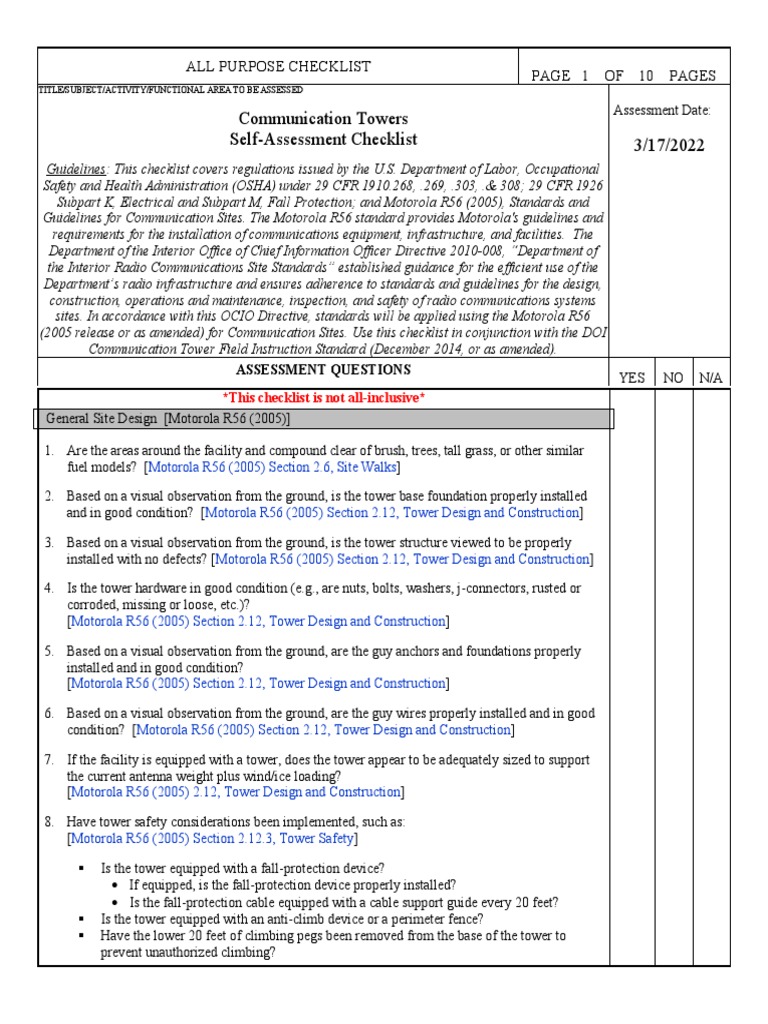 Communication Towers Self-Assessment Checklist 3/17/2022: All Purpose ...
