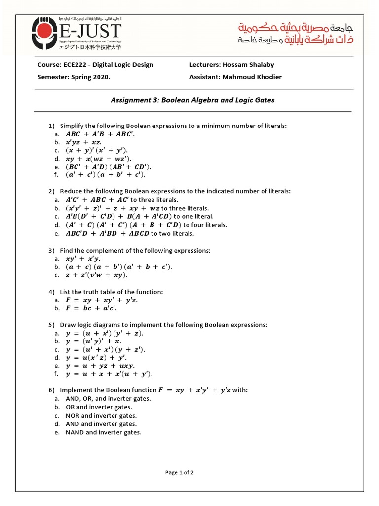 Assignment 3: Boolean Algebra and Logic Gates | PDF Assignment 3: Boolean Algebra and Logic Gates | PDF