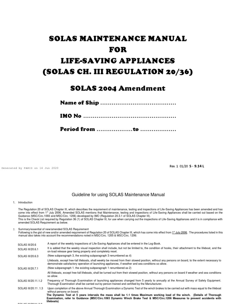 Solas Maintenance Manual FOR Life-Saving Appliances (Solas Ch. Iii ...