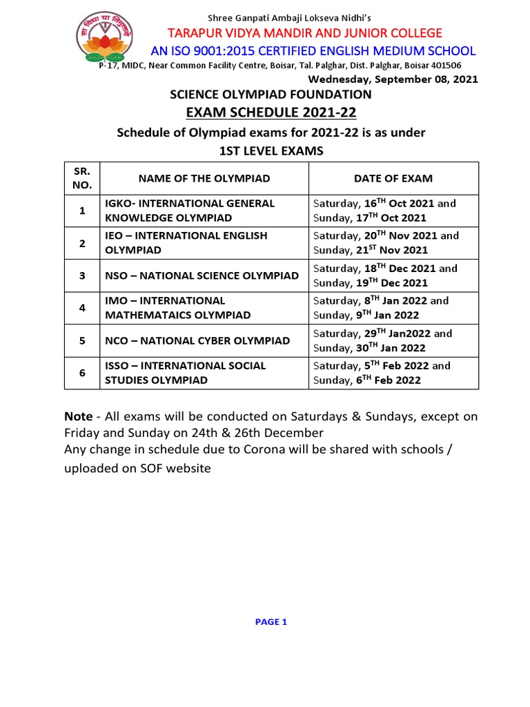 EXAM SCHEDULE 2021-22: Science Olympiad Foundation Schedule of Olympiad ...
