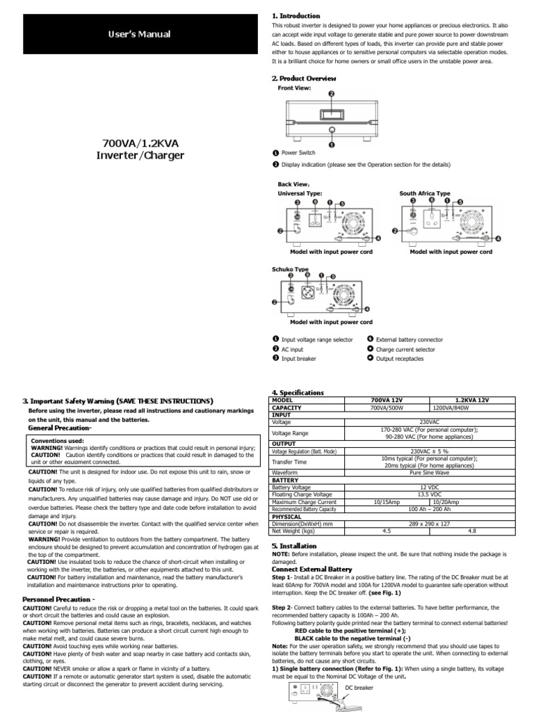 700VA/1.2KVA Inverter/Charger: User's Manual | PDF | Power Inverter | Relay