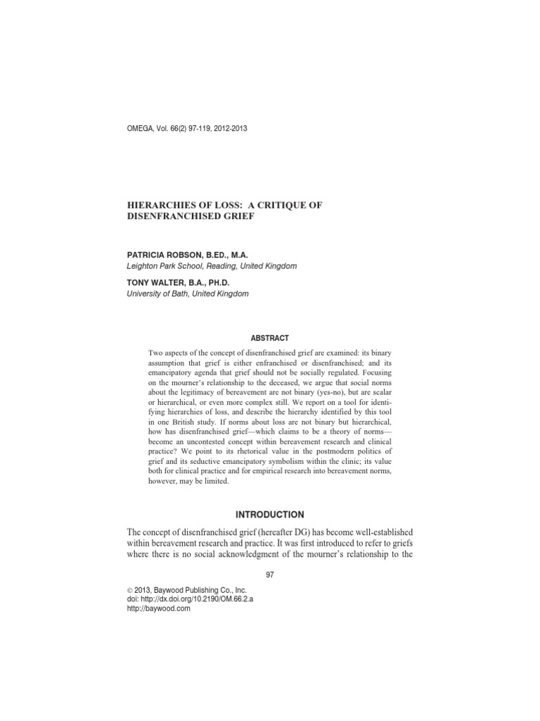 Hierarchies of Loss: A Critique of Disenfranchised Grief: Patricia ...