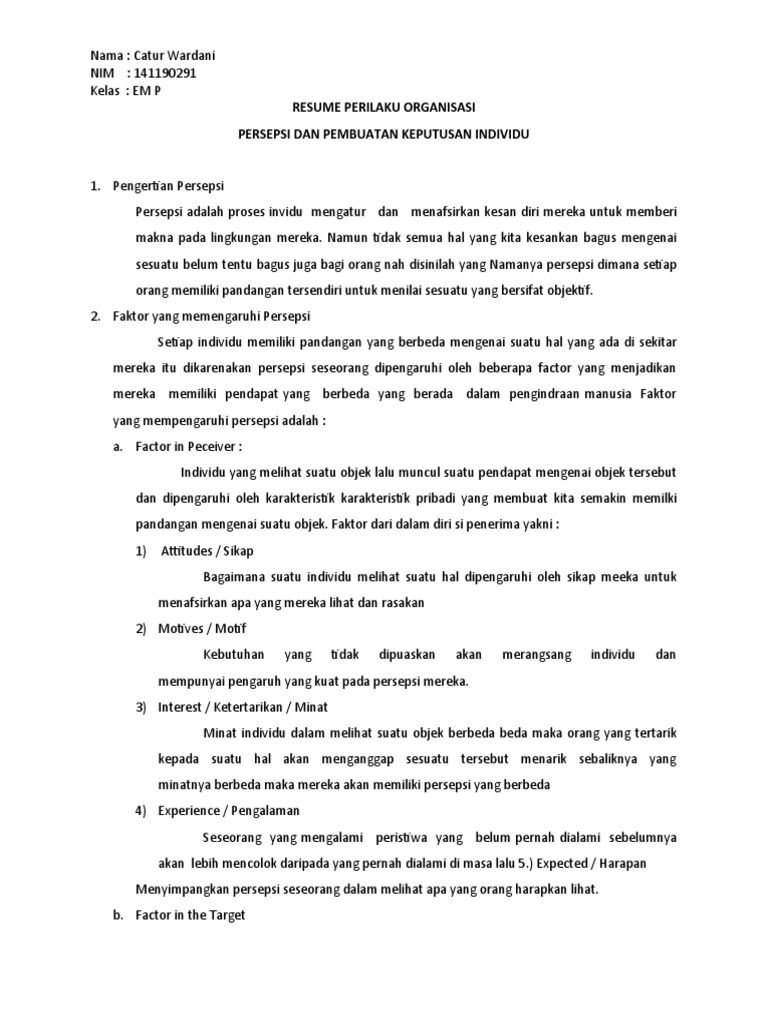 Resume Perilaku Organisas1 - Persepsi Dan Keputusan | PDF