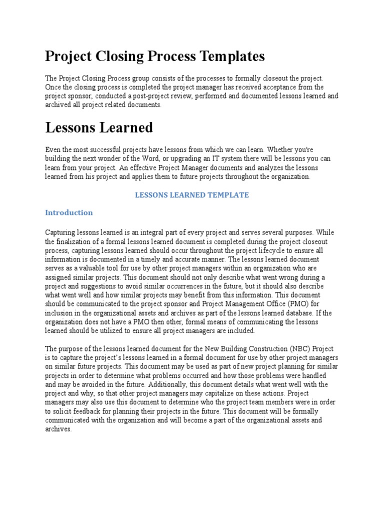 Project Closing Process Templates: Lessons Learned Template | PDF ...