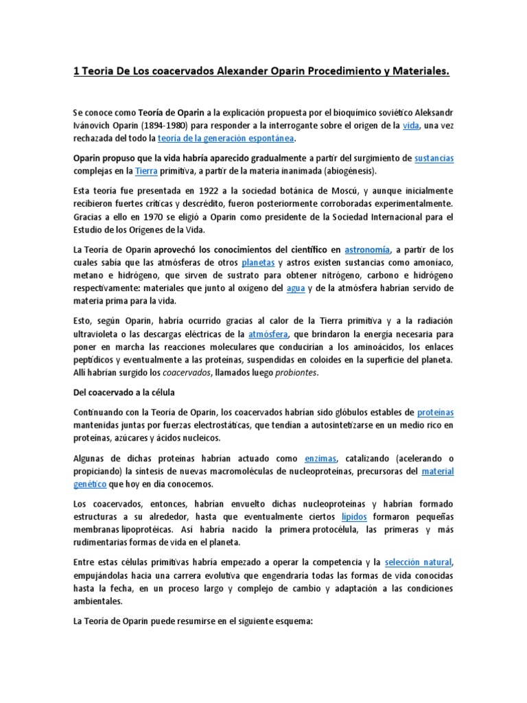 Teoria de Los Coacervados Alexander Oparin Procedimiento y Materiales ...