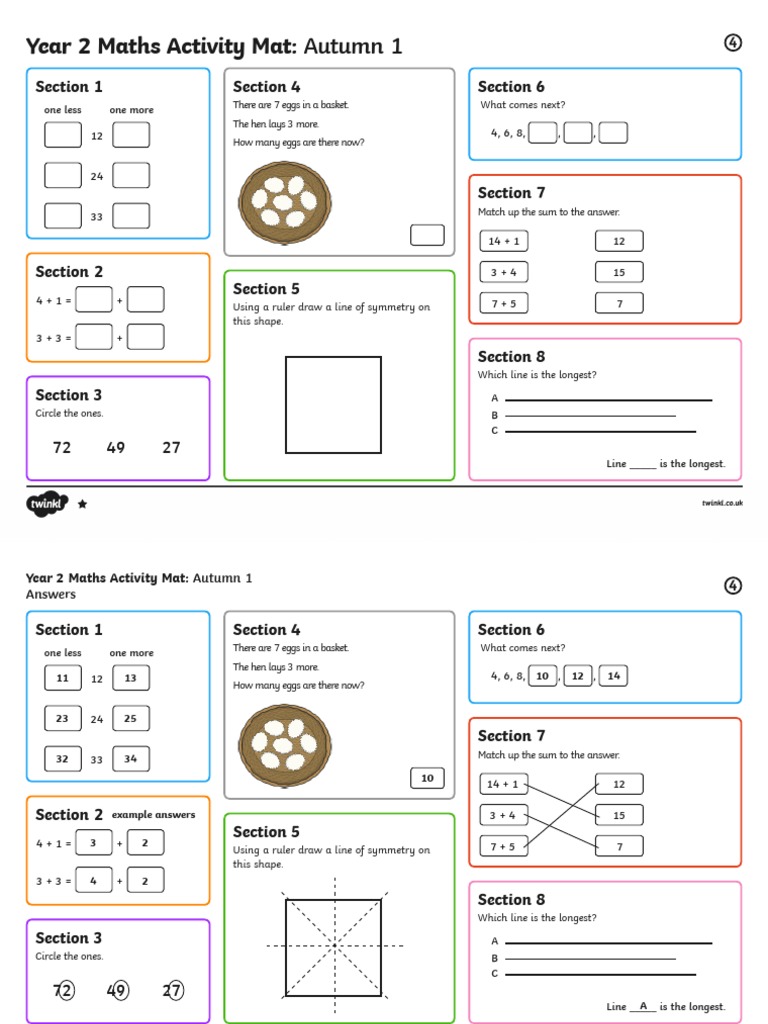 Year 2 Maths Activity Mat: Autumn 1: Section 1 Section 4 Section 6 ...