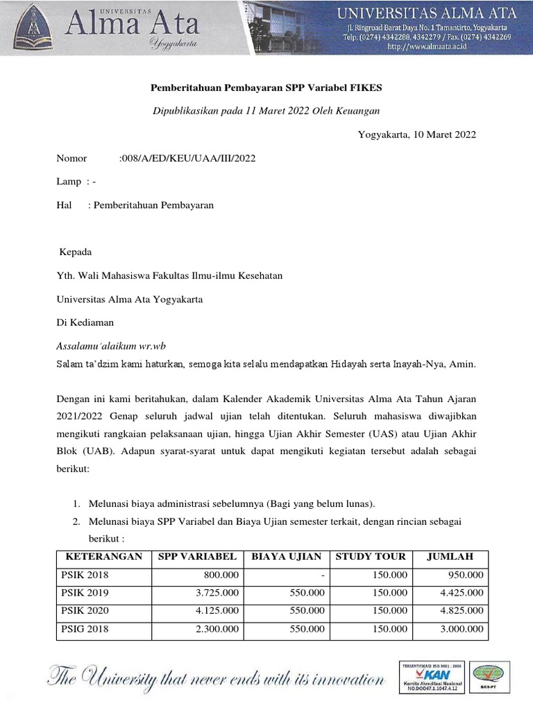 Pemberitahuan SPP Variabel 2022 Alma Ata | PDF