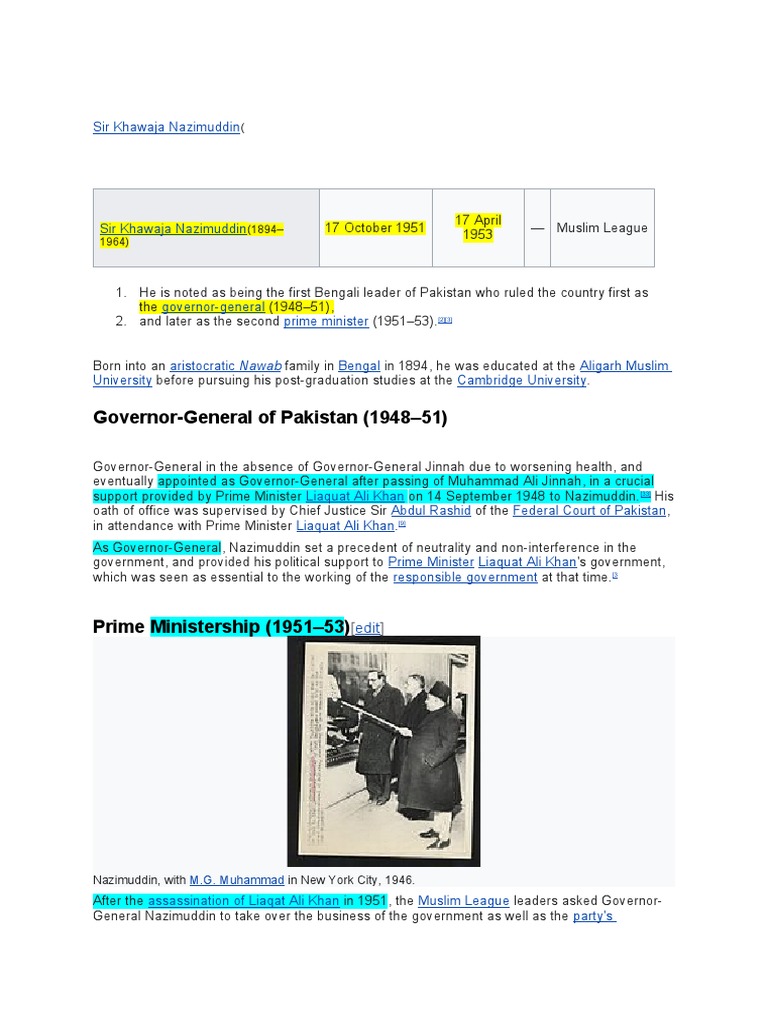 Khawaja Nazimuddin: Pakistan's Second PM | PDF | South Asia | Pakistan