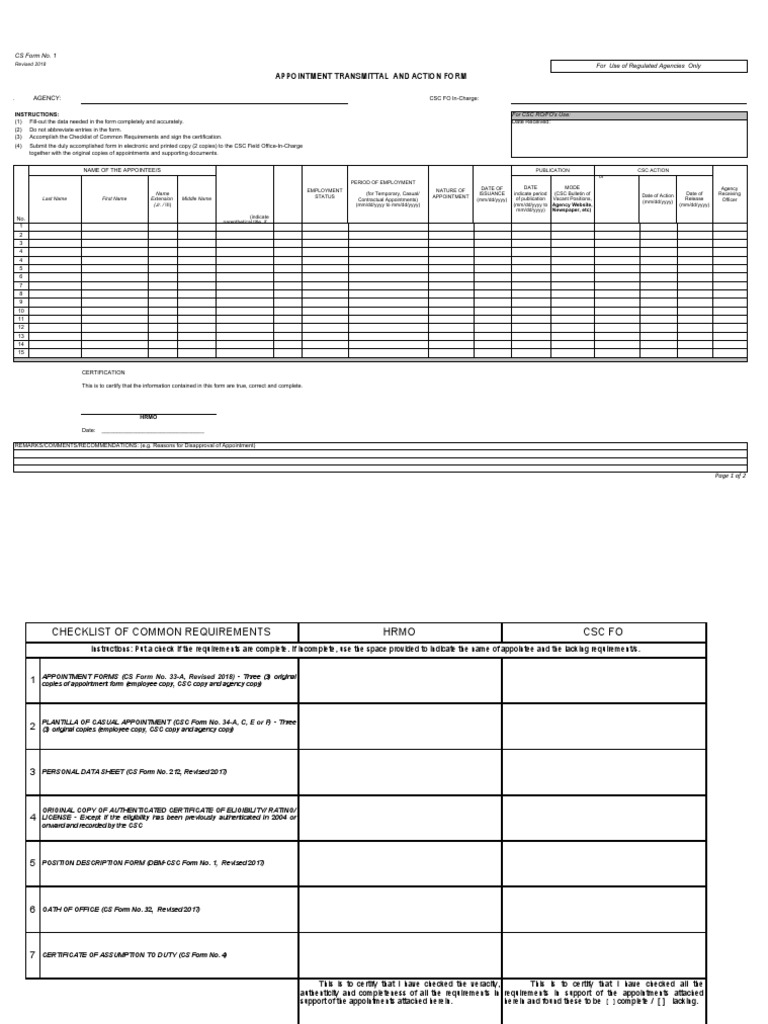 CS Form No. 1 Appointment Transmittal and Action Form | PDF | Government