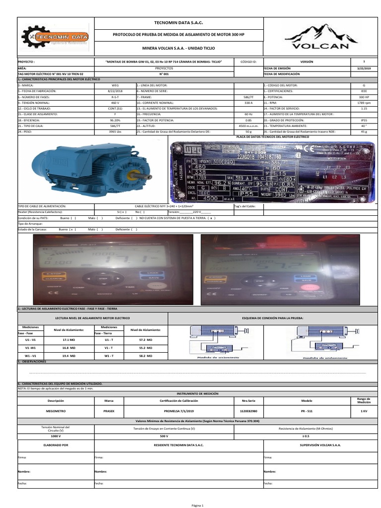 Protocolo de Pruebas de Megado de Motores 300 HP Camara de Bombas NV 10 ...