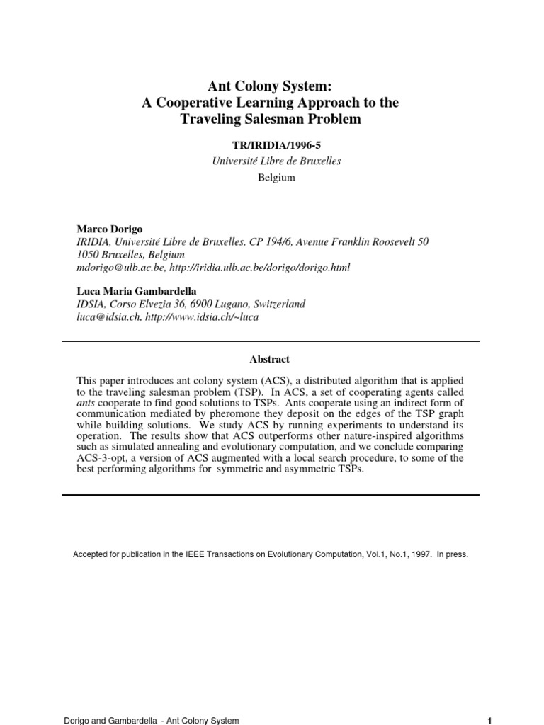 Ant Colony System: A Cooperative Learning Approach To The Traveling Salesman Problem | PDF ...