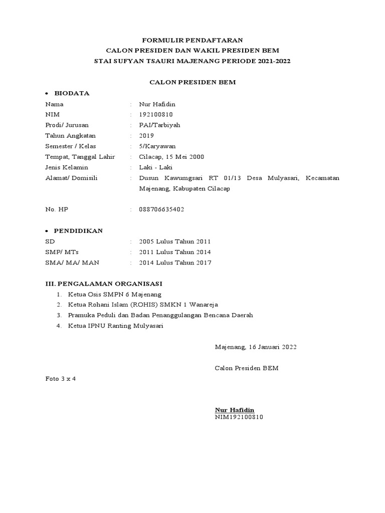 Pendaftaran Calon BEM STAI Majenang 2021-2022 | PDF