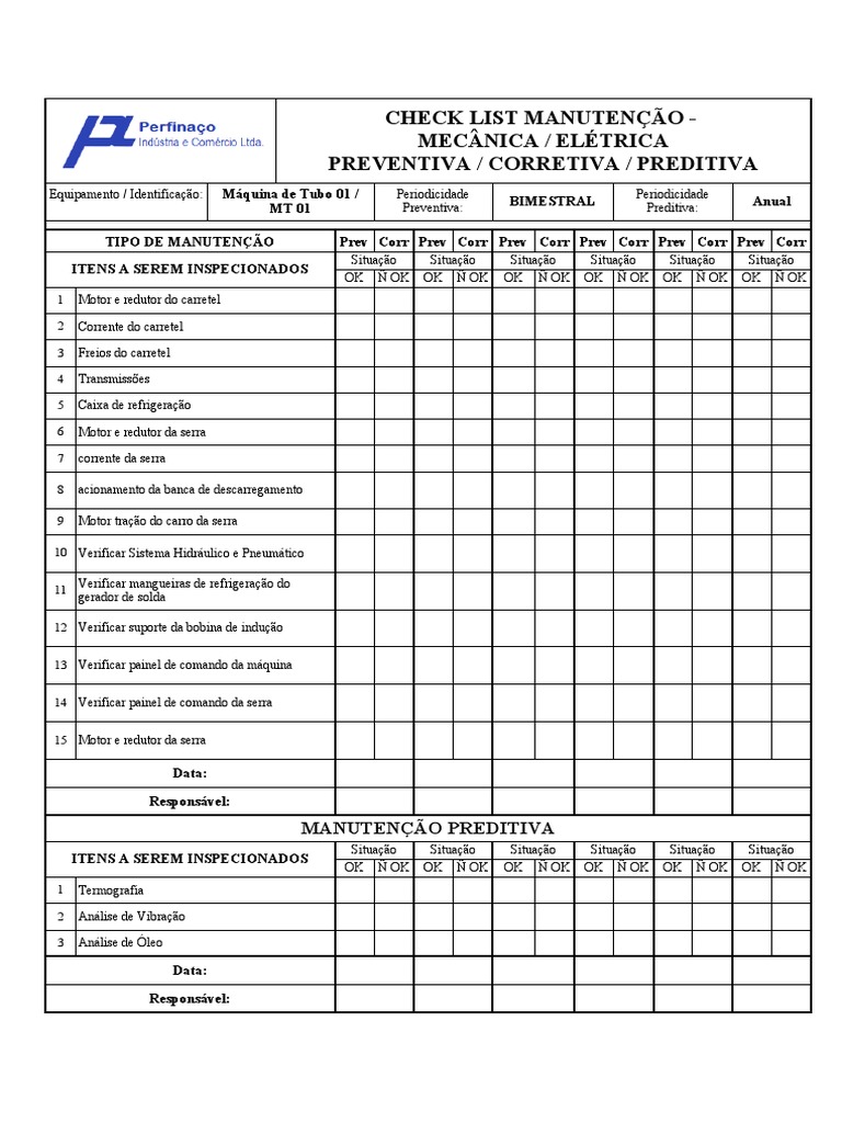 Check List Manutenção Preventiva Mecânica - MODELO MATRIZ | PDF ...