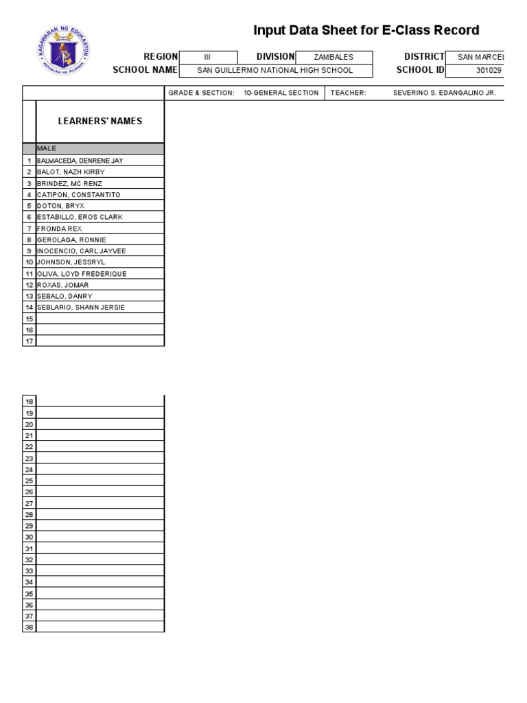 Input Data Sheet For E-Class Record: Region Division District School Name School Id | PDF