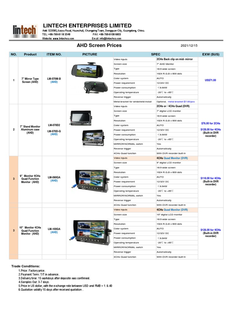 Vehicle AHD Monitor Prices - Lintech Peter 2021-12 | PDF | Computer ...