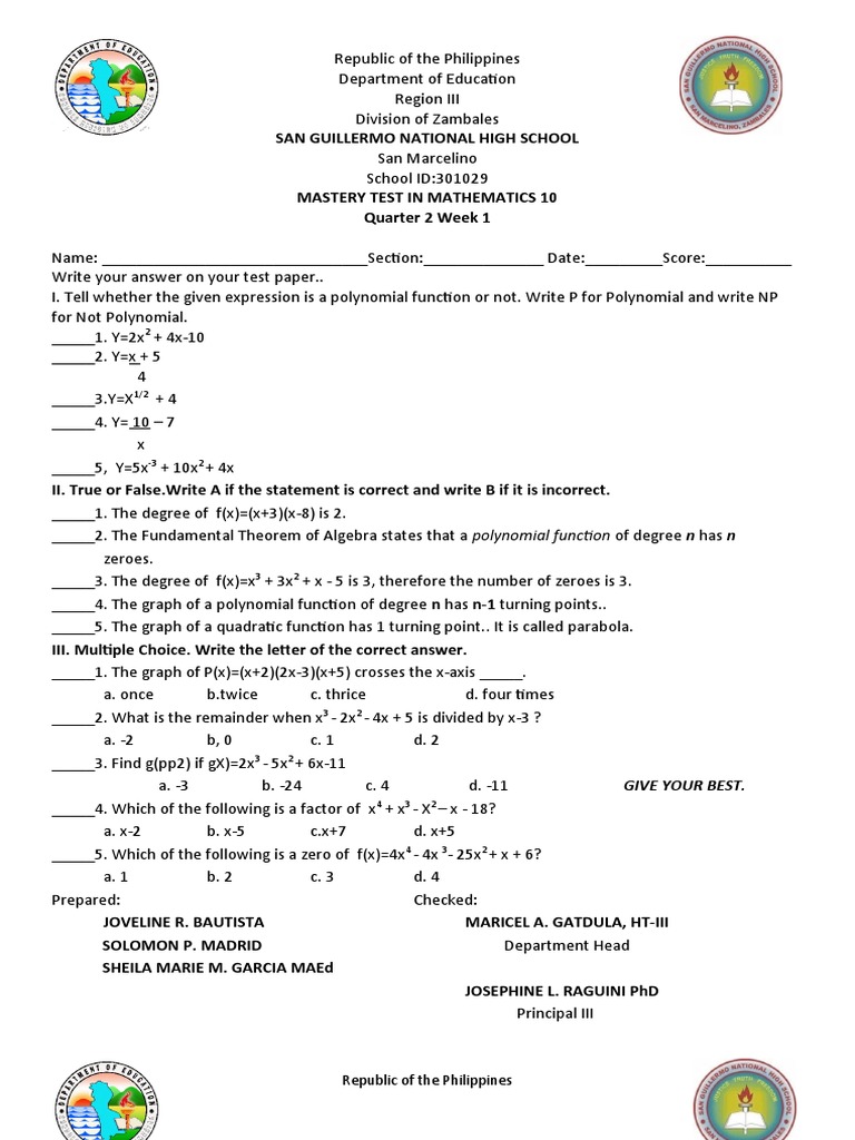 Mastery Test Math 10 Quarter 2 To 4 | PDF | Circle | Angle