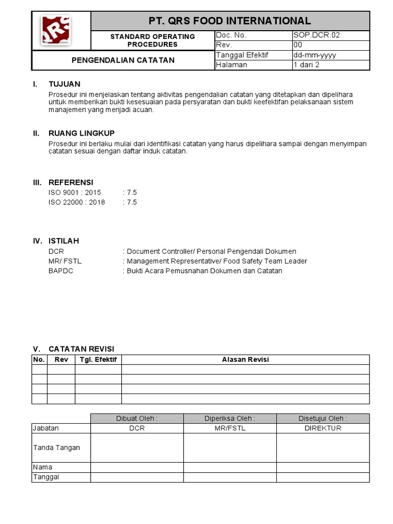 SOP - DCR.02 - Pengendalian Catatan | PDF