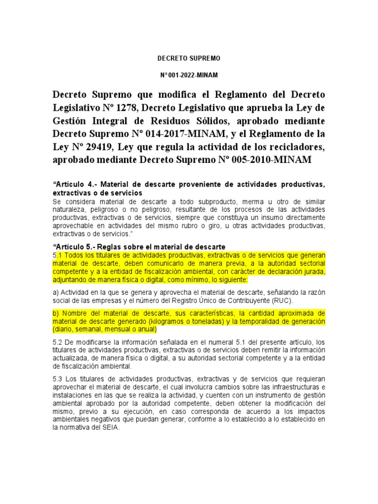 Decreto Supremo N°1 - 001 - 2022 - Minam | PDF | Residuos | Multa (pena)