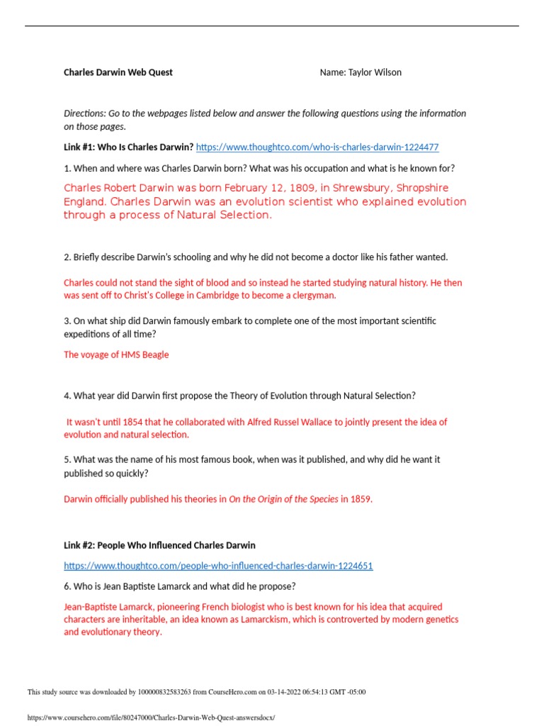 Charles Darwin Web Quest Answers | PDF | Charles Darwin | Evolution
