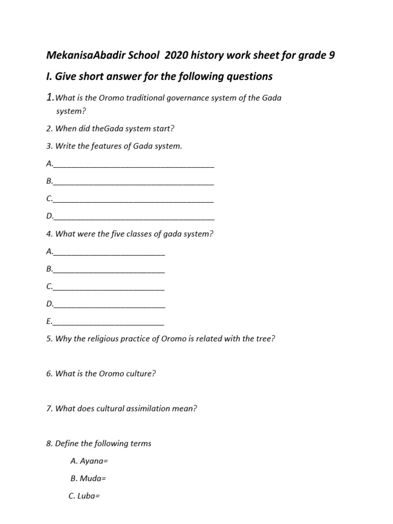 Mekanisaabadir School 2020 History Work Sheet For Grade 9 I. Give Short ...