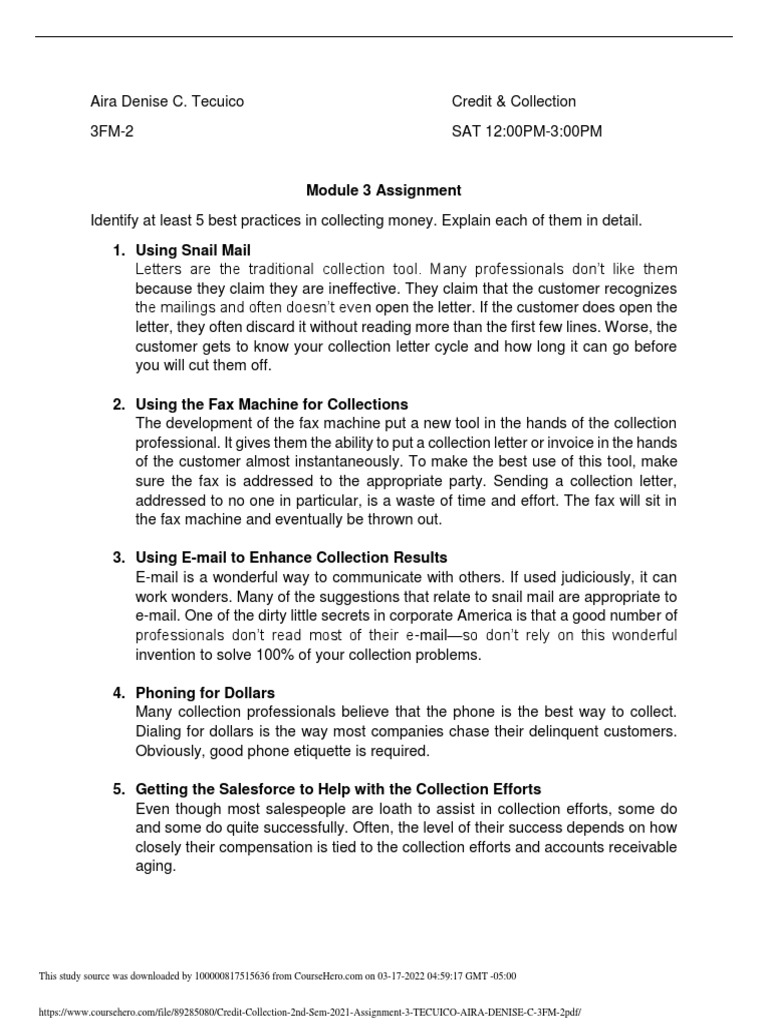 Credit Collection 2nd Sem 2021 Assignment 3 TECUICO AIRA DENISE C. 3FM ...