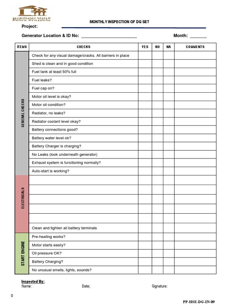 Monthly Inspection of DG Set Project: Generator Location & ID No: Month ...