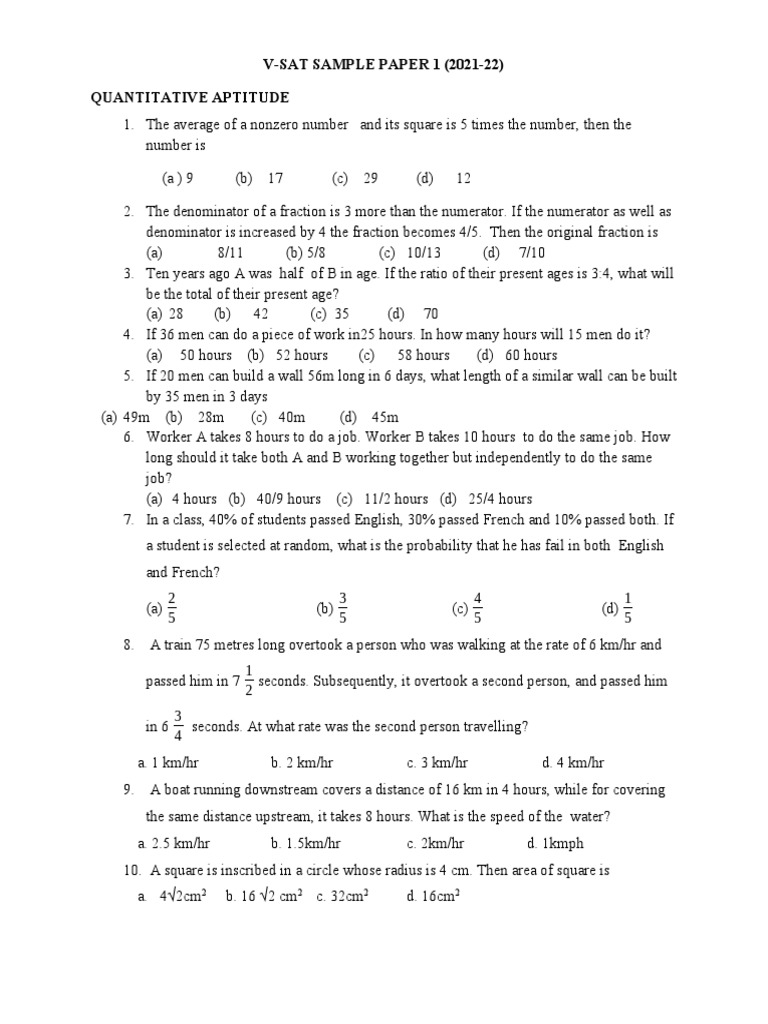V-SAT SAMPLE PAPER 1 (2021-22) Quantitative Aptitude | PDF | Odds