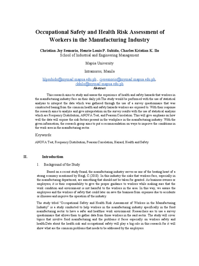 Occupational Safety and Health Risk Assessment of Workers in The ...