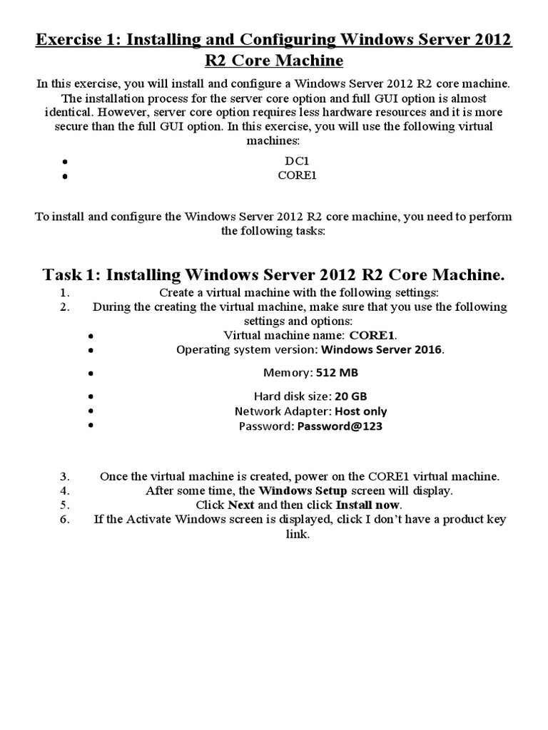 Exercise 1: Installing and Configuring Windows Server 2012 R2 Core Machine | PDF | Command Line ...