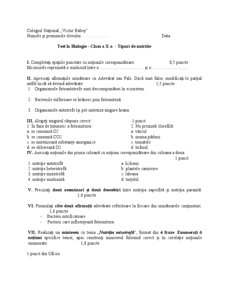 Test Tipuri de Nutritie 2 | PDF