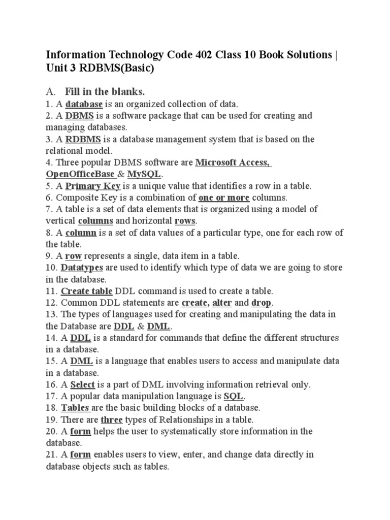 Class 10 Book Solution RDBMS | PDF | Relational Database | Databases Class 10 Book Solution RDBMS | PDF | Relational Database | Databases