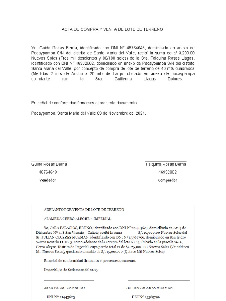 Acta de Compra y Venta de Lote de Terreno | PDF