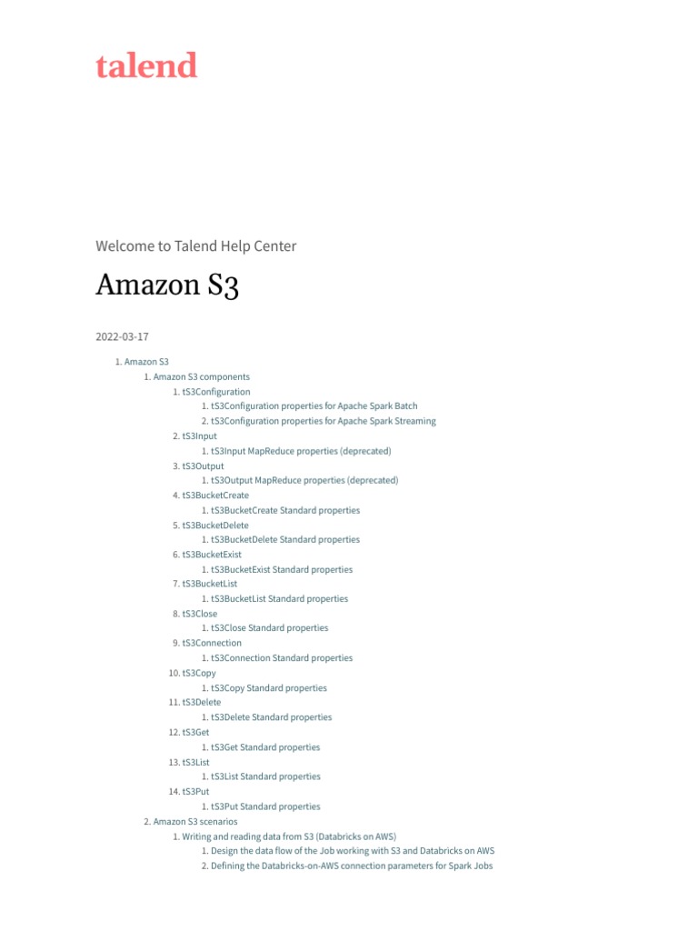 Amazon S3: Welcome To Talend Help Center | Download Free PDF | Apache Hadoop | Apache Spark