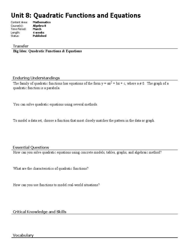 Unit - Unit 8 - Quadratic Functions and Equations - 20220306062819 ...