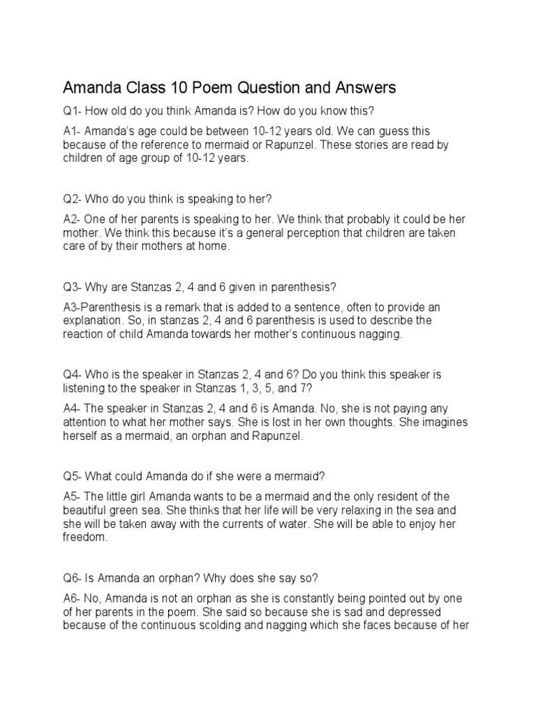 Amanda Class 10 Poem Question and Answers | PDF
