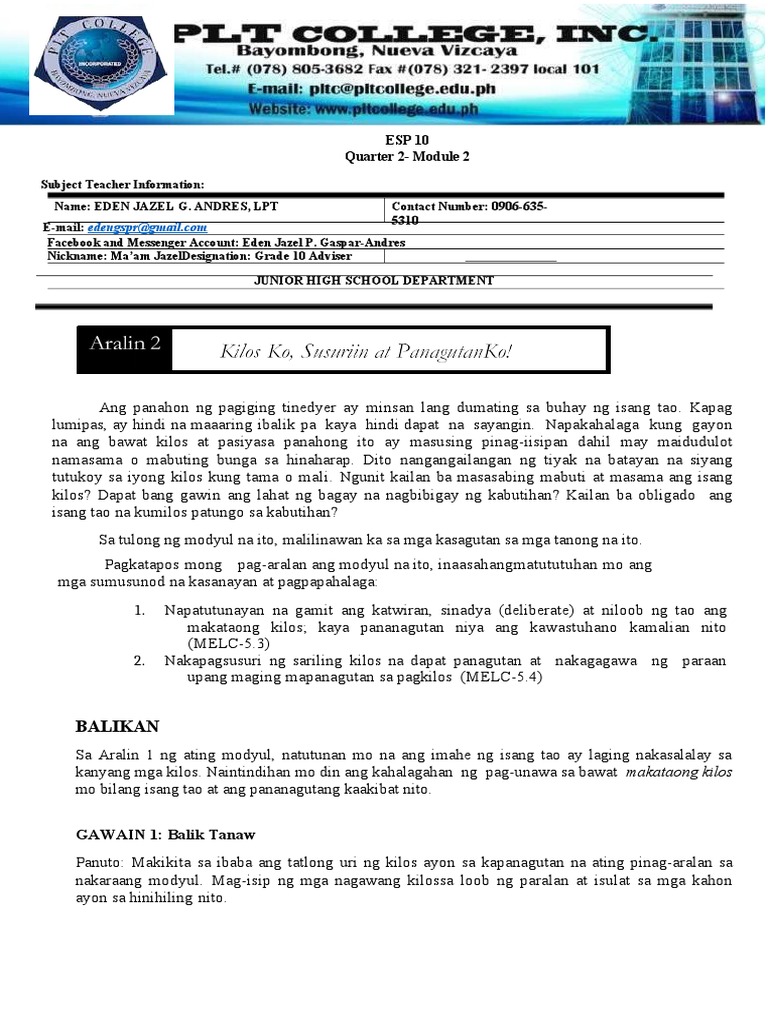 Balikan: ESP 10 Quarter 2-Module 2 | PDF