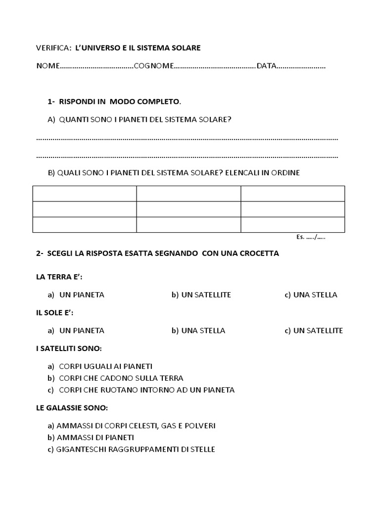Sistema Solare - Verifica | PDF
