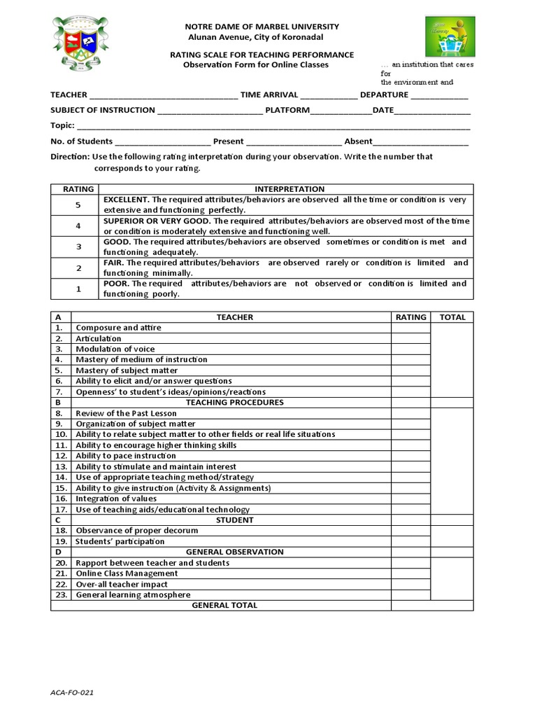 FO 021 Observation Form For Online Classes Page1 | PDF | Educational ...