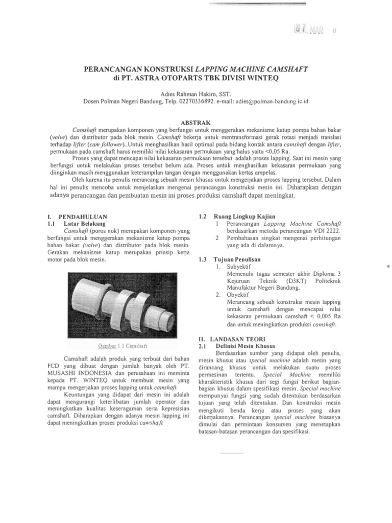 Perancangan Mesin Lapping Camshaft | PDF