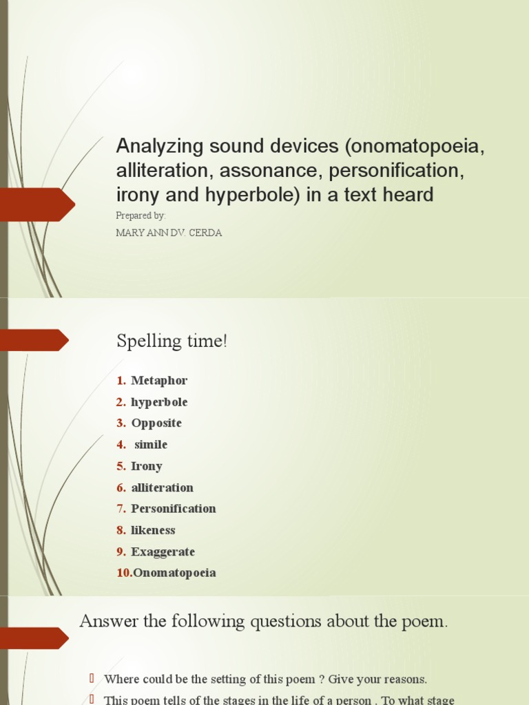 Analyzing Sound Devices (Onomatopoeia, Alliteration, Assonance ...