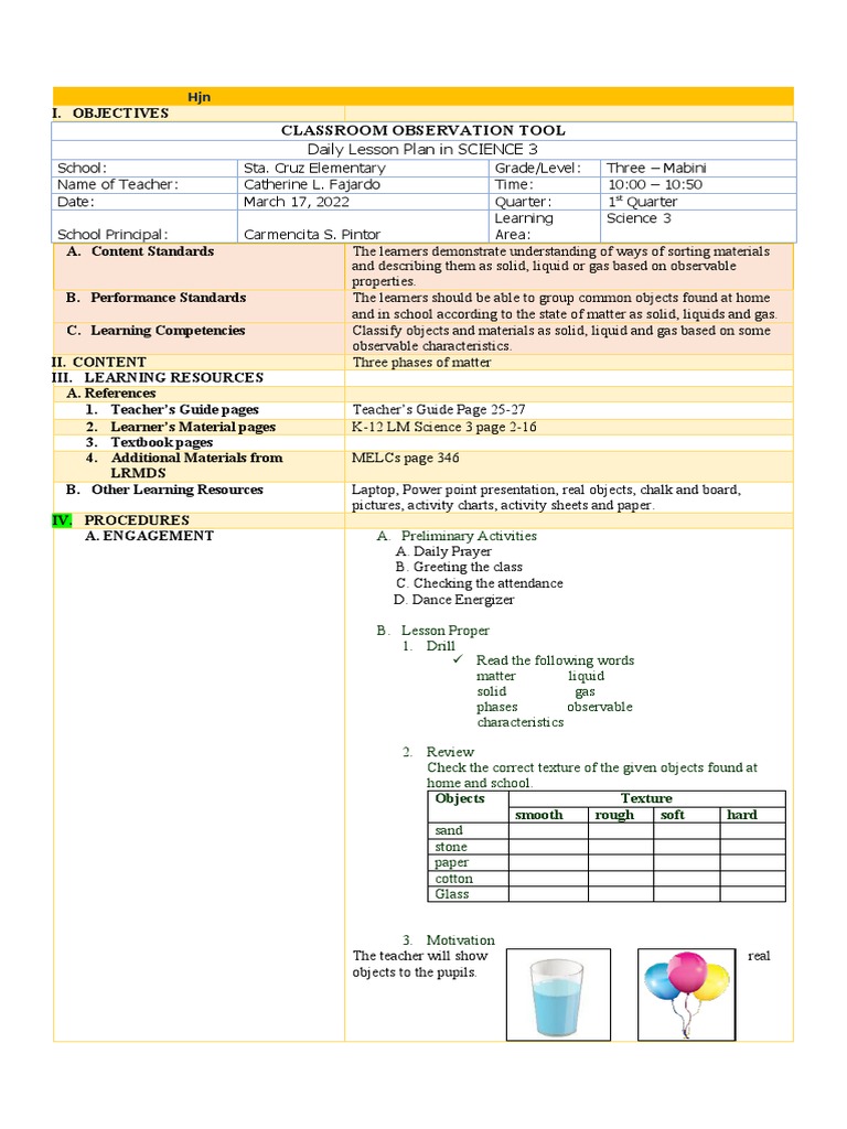 Classroom Observation Tool: Daily Lesson Plan in SCIENCE 3 | PDF ...