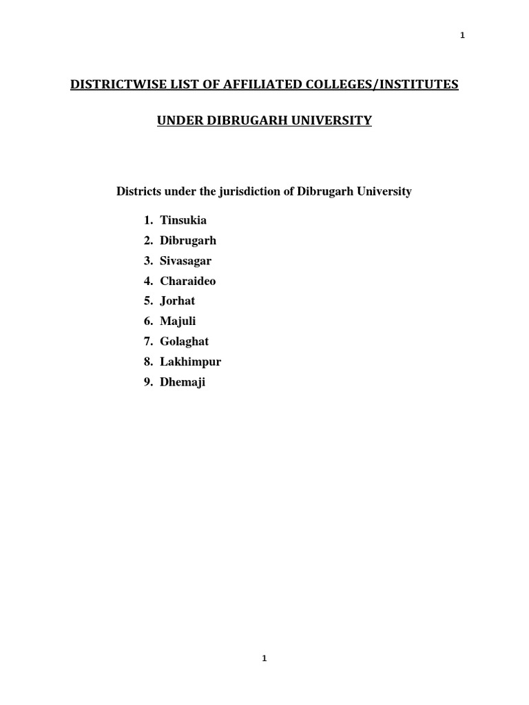 Districtwise List of Affiliated Colleges/Institutes Under Dibrugarh ...
