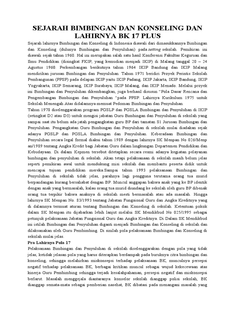 Sejarah Bimbingan Dan Konseling Dan Lahirnya BK 17 Plus | PDF | Karier ...