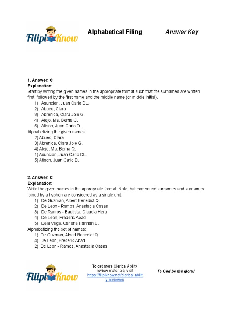 Alphabetical Filing Practice Questions Answers | PDF | Philippines ...