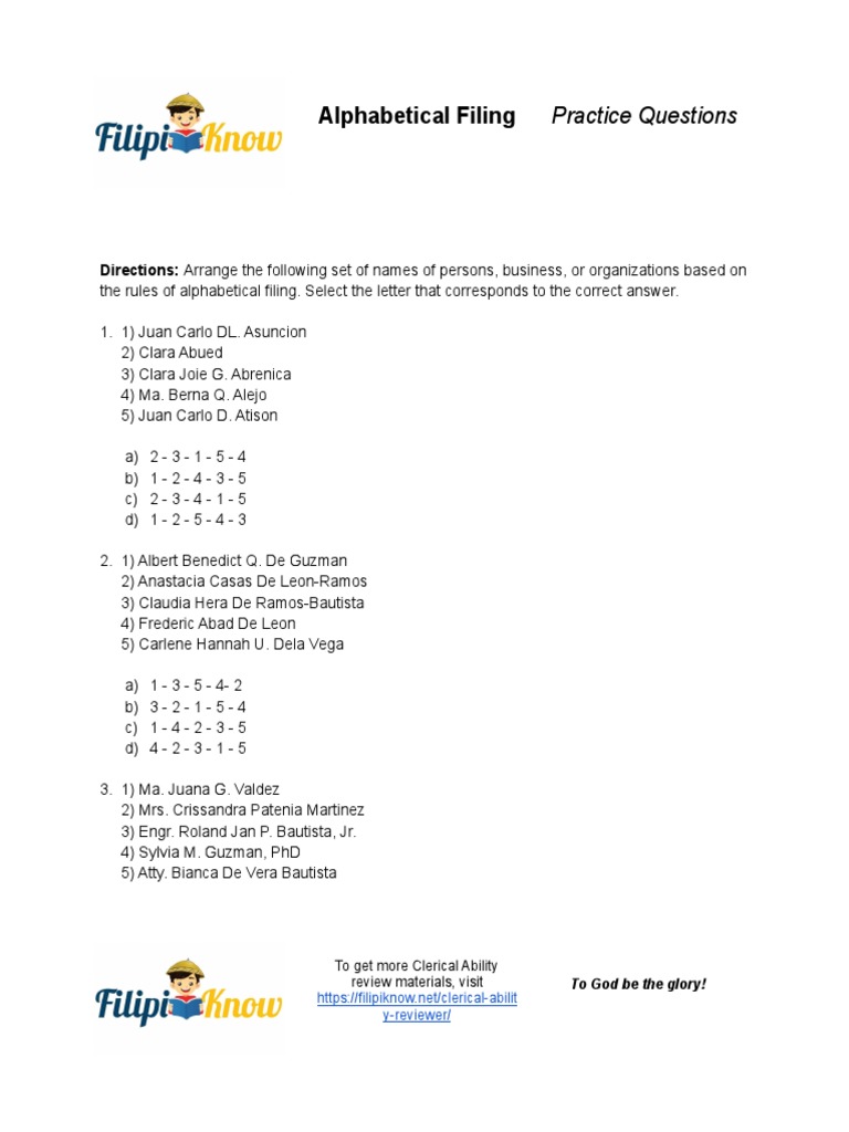 Alphabetical Filing Practice Questions | PDF