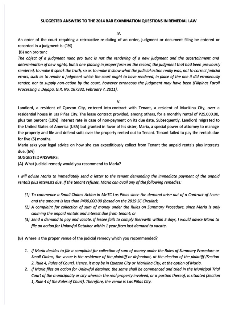 Bar Questions and Answers Remedial Law 2014 2019 | PDF
